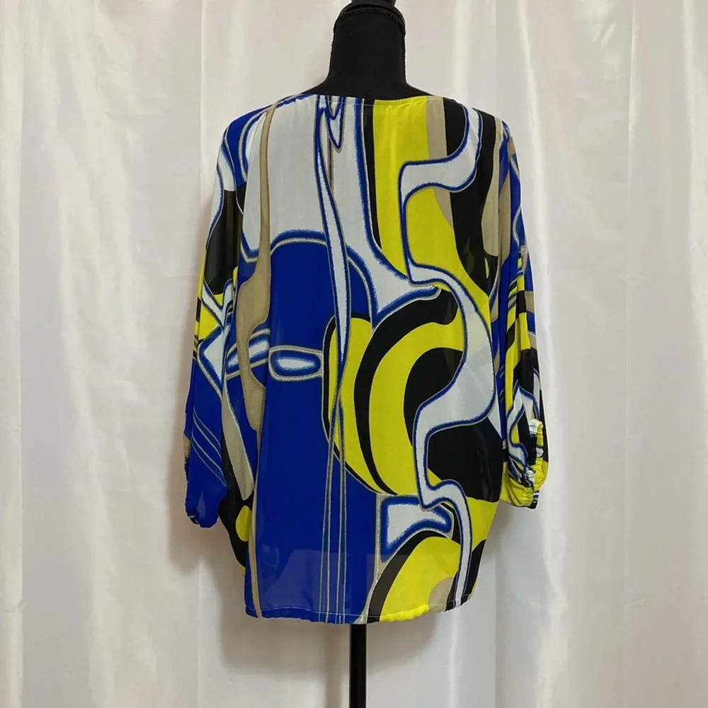 Rose & Olive | Tops | Blue Yellow Pattern Sheer Blouse M | Poshmark